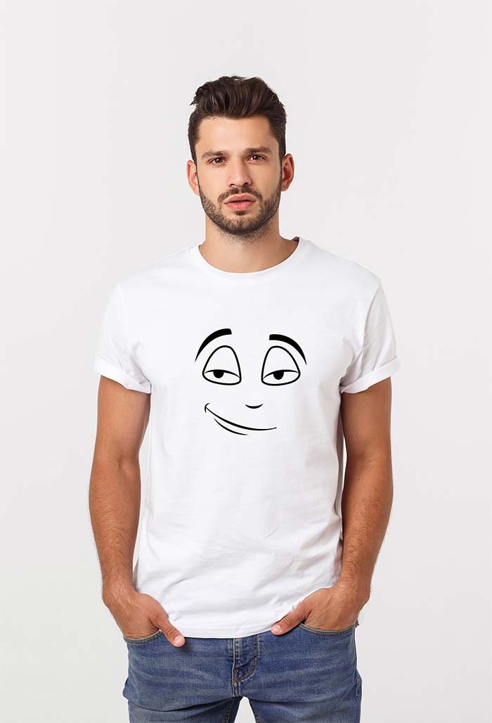 Smile Face Print T-Shirt, White Unisex TShirt with Smile Face printing
